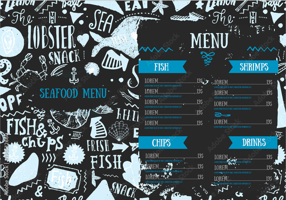 Seafood menu with sketch fish and lettering. Identity for restaurant ...