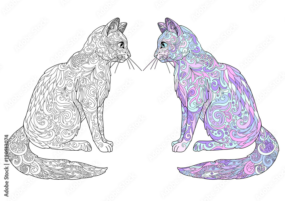 Cat coloring book page with template. Decorative doodle animal. Vector ...