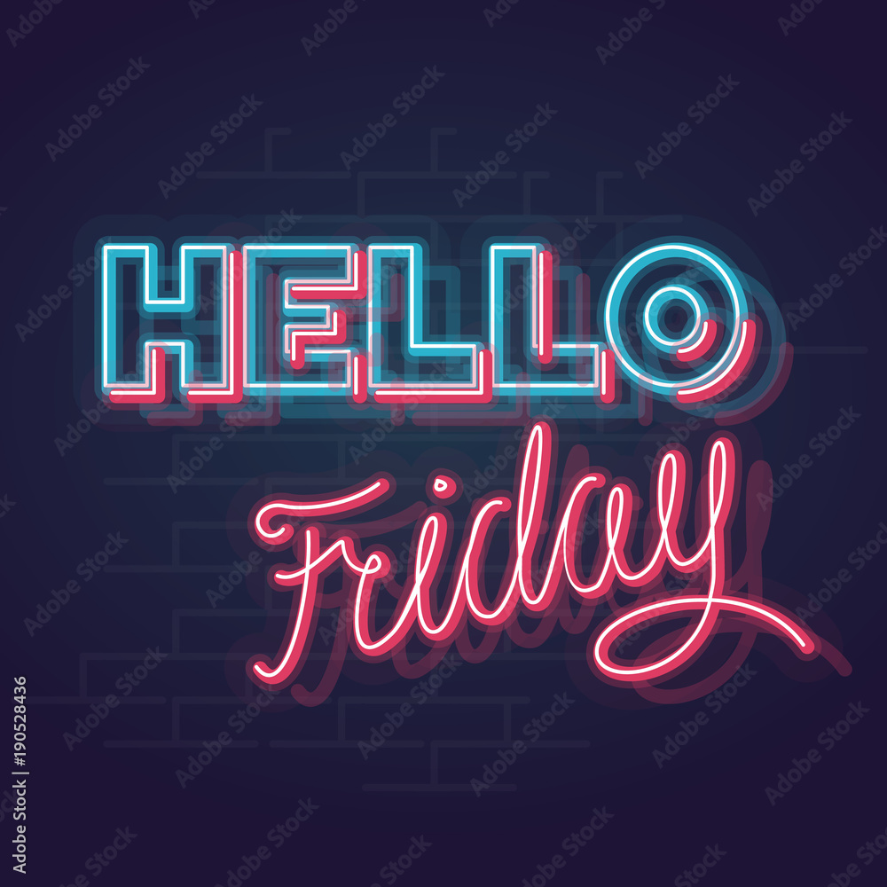 Neon trendy geometric hello friday sign. Blue and pink glowing memphis ...