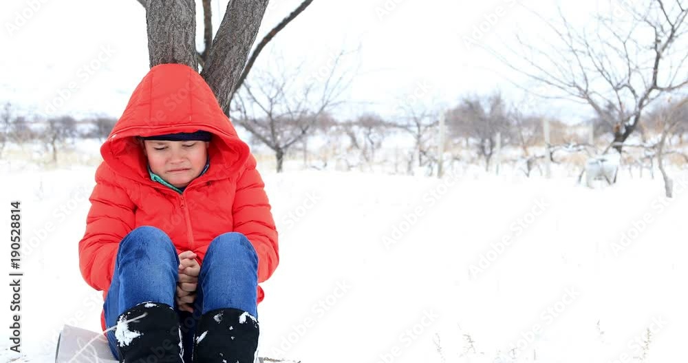 Happy cute preteen boy freezing in cold weather at the outdoor Stock ...
