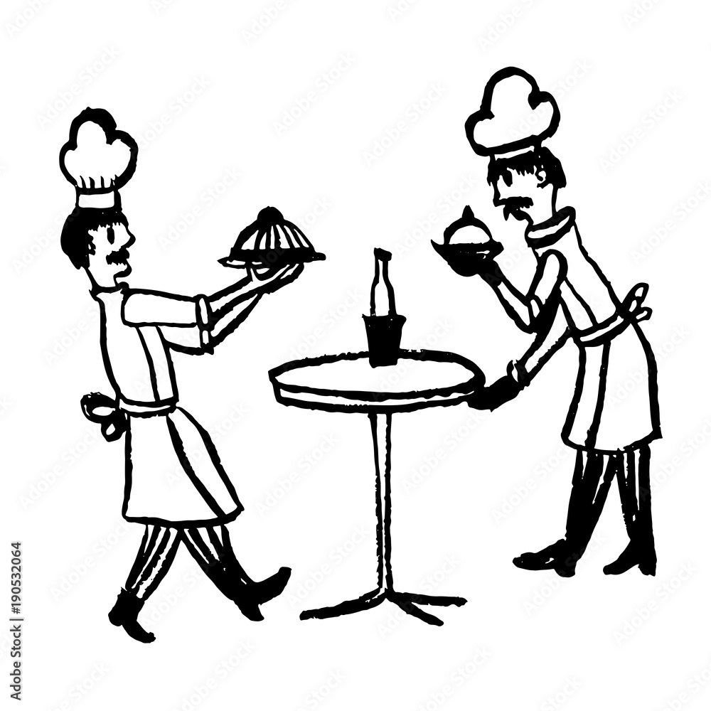 drawing picture two cooks served on a table of dishes in a restaurant ...