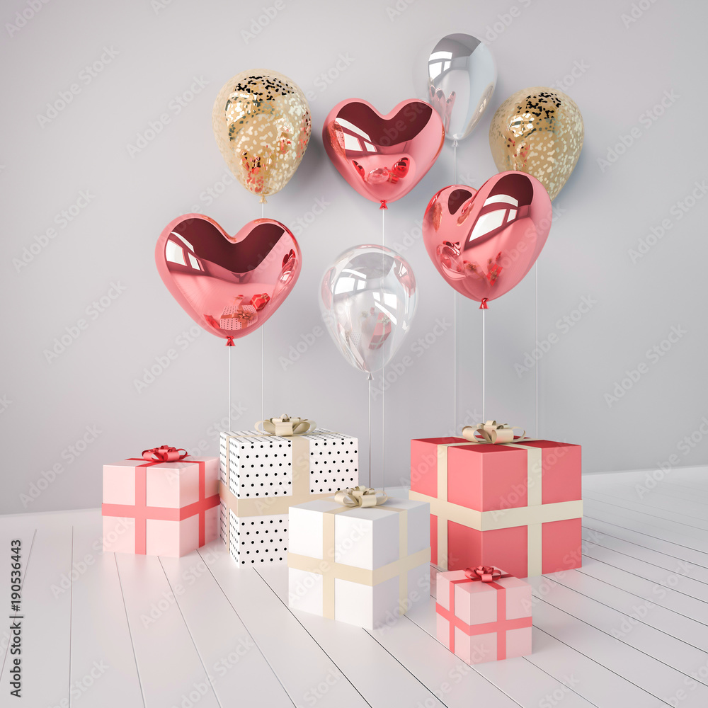 Gift boxes with pink and golden glossy 3d realistic balloons in heart ...