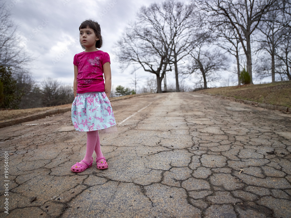 Girl standing in road on cloudy day Stock Photo | Adobe Stock