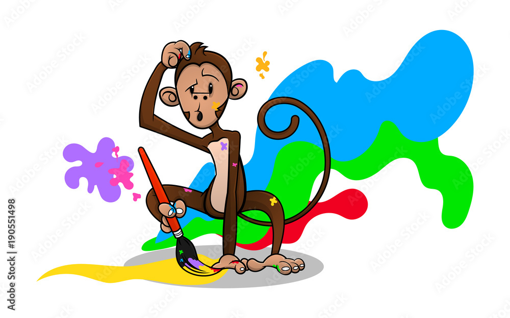 Monkey drawing with paintbrush for coloring book cover cartoon vector ...