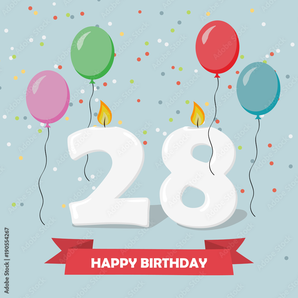 28 years celebration. Happy Birthday greeting card with candles ...