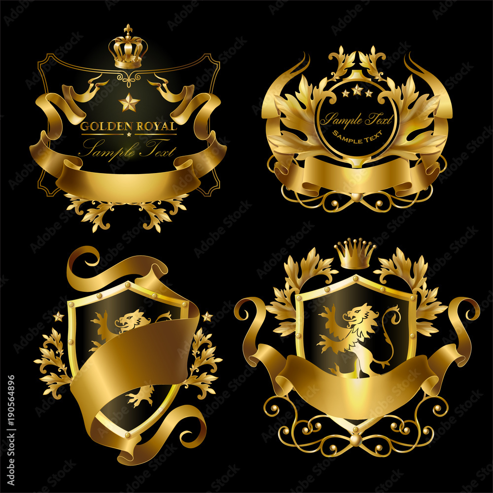 Vector golden royal stickers with crowns, shields, ribbons, lions ...