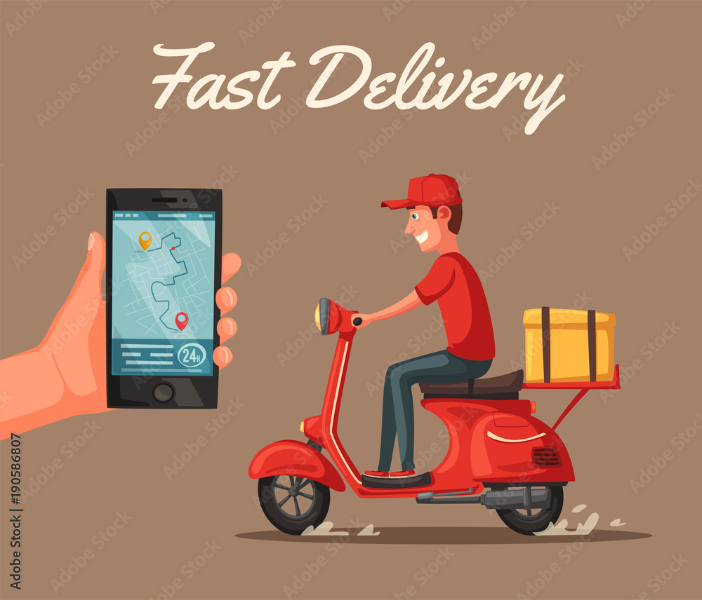Fast and free delivery. Vector cartoon illustration. Food service ...