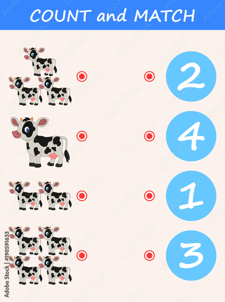 Count and match cow cartoon. Math educational game for children Stock ...