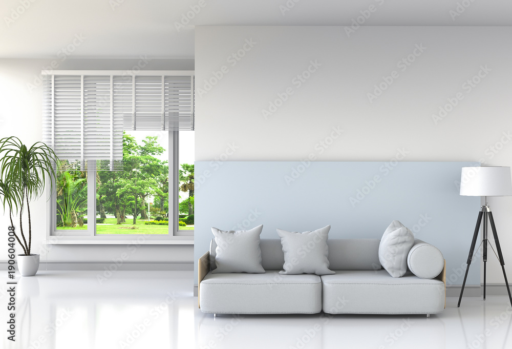 interior modern living room and green landscape in window. 3D rendering ...