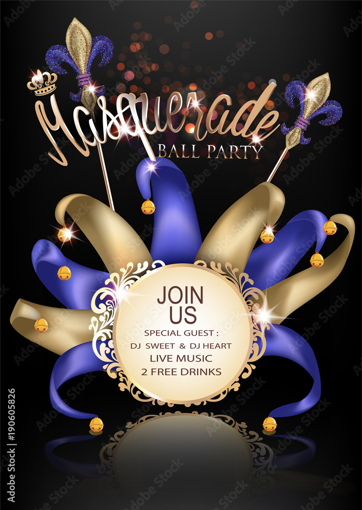 Masquerade party invitation banner with masquerade deco object. Vector ...