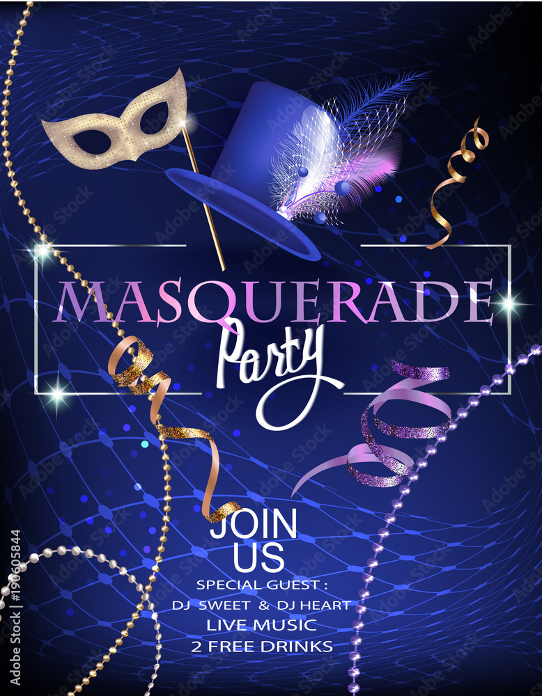 Masquerade party invitation card with beads, decorated hat and mask ...