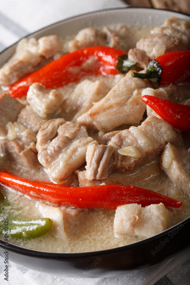 Philippine food: bicol express from a pork belly and coconut milk close ...