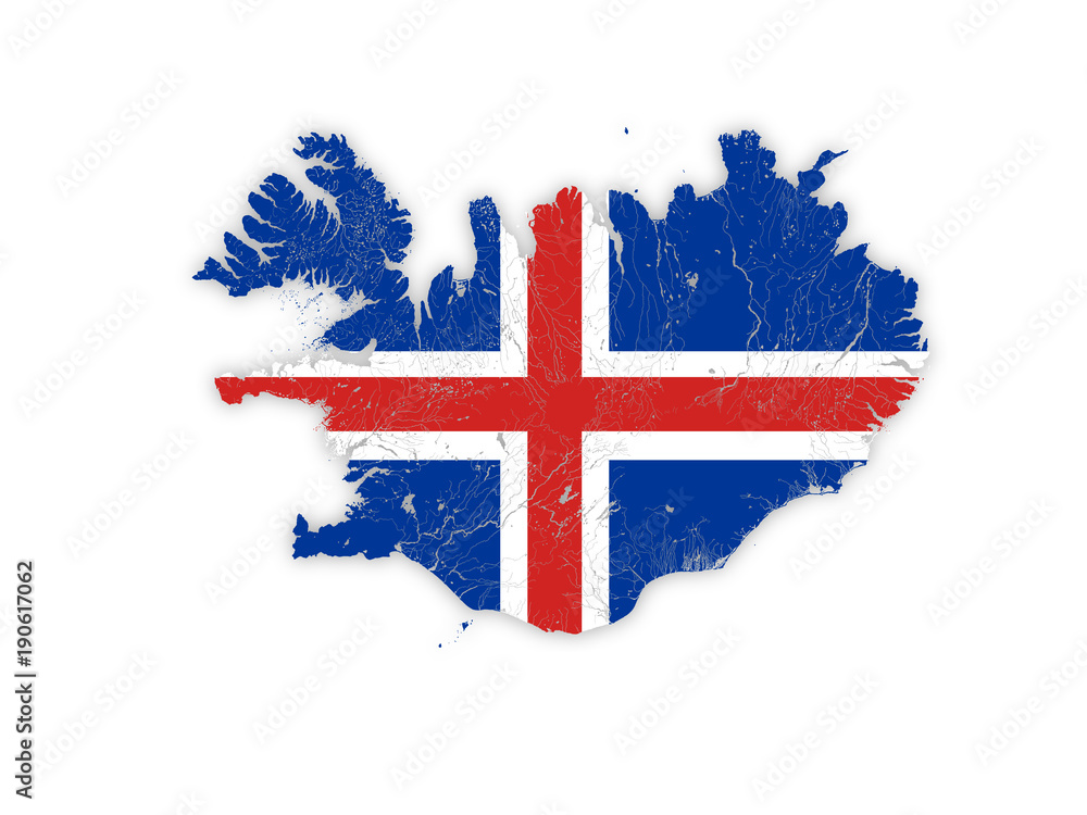 Map of Iceland with rivers and lakes in colors of the national flag ...