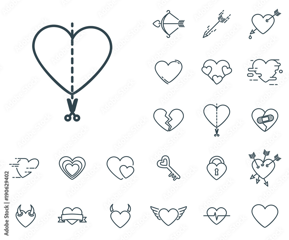 Cut the heart icon in set on the white background. Set of thin, linear ...