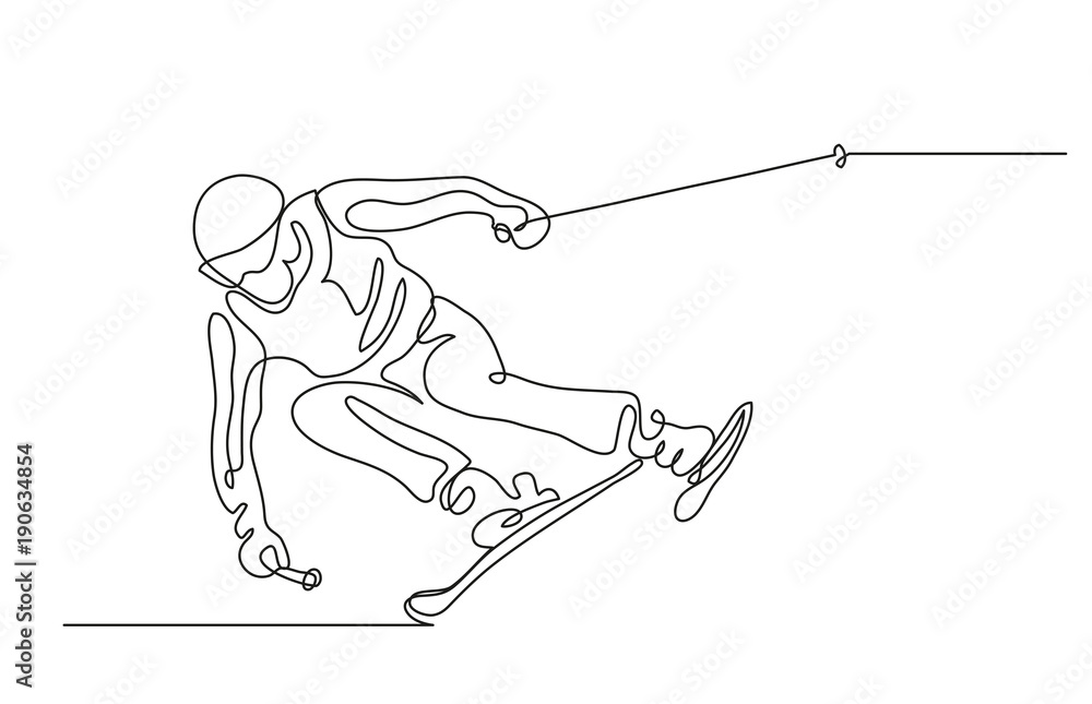 Continuous line drawing. Illustration shows a Alpine skier skiing ...
