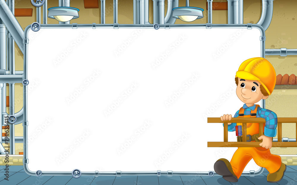 cartoon scene with builder working in the basement - with frame - space ...