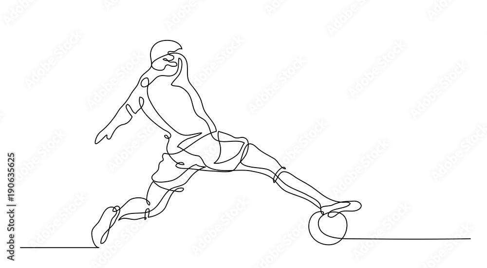 Continuous line drawing. Illustration shows a football player kicks the ...