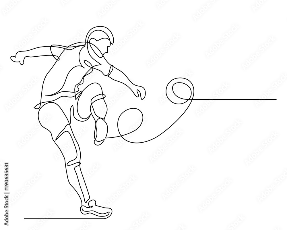 Continuous line drawing. Illustration shows a football player kicks the ...