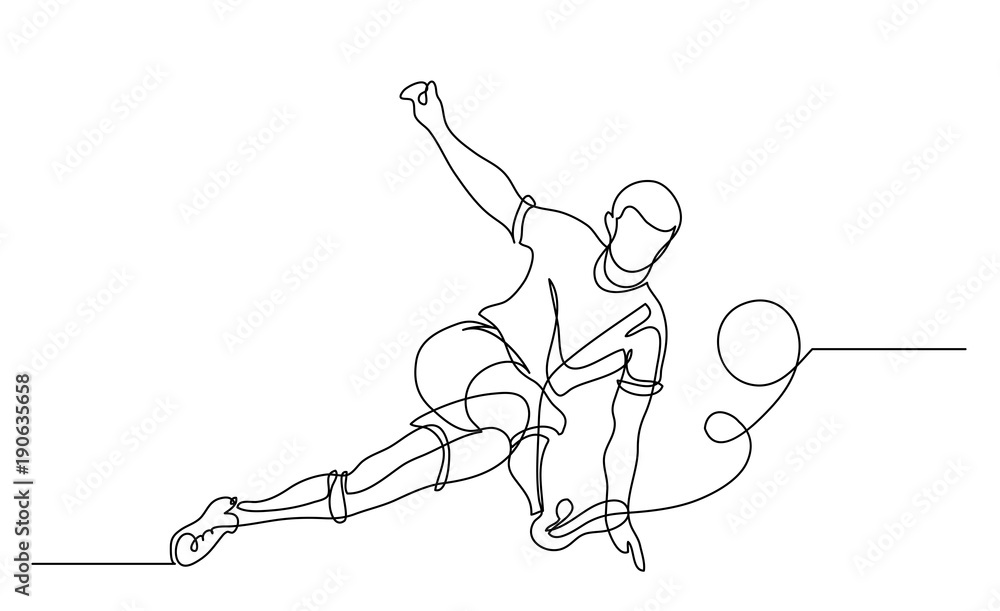 Continuous line drawing. Illustration shows a football player kicks the ...