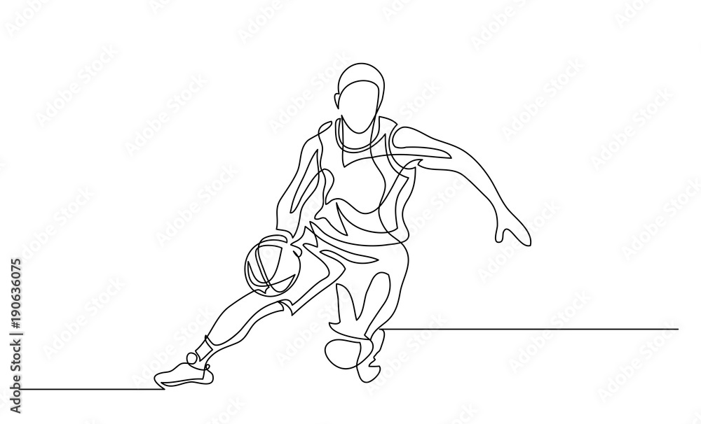 Continuous line drawing. Illustration shows a basketball player in the ...