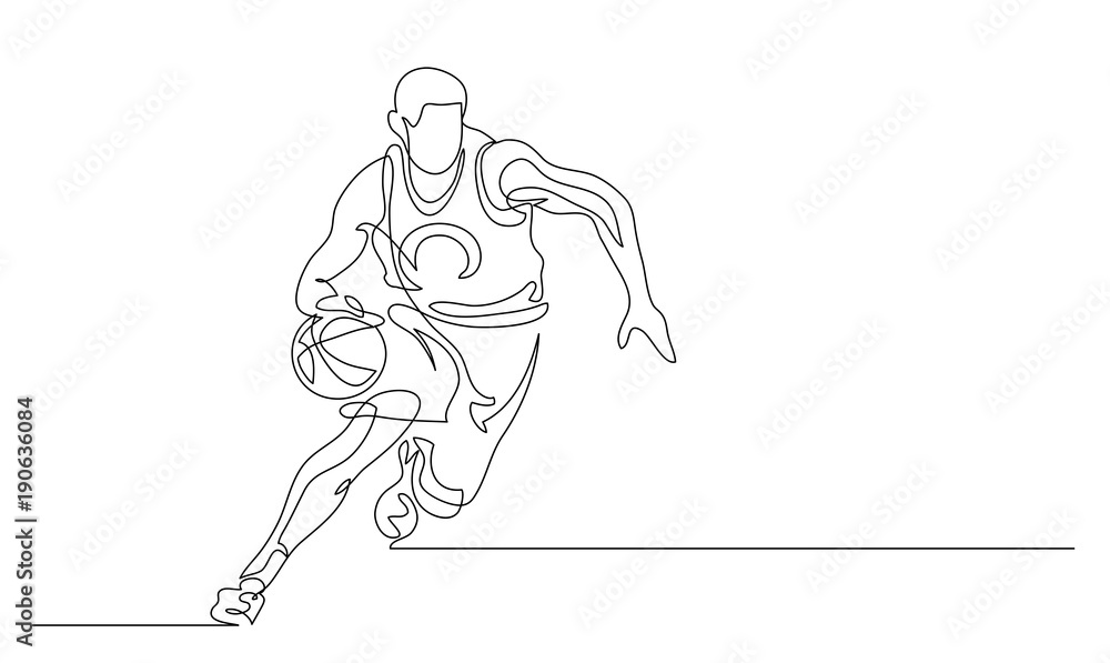 Continuous line drawing. Illustration shows a basketball player in the ...