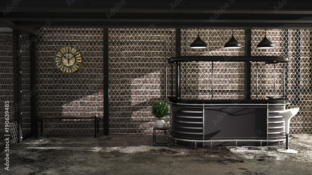 Bar loft style, Front view of bar, mock up. 3D rendering Stock Photo ...