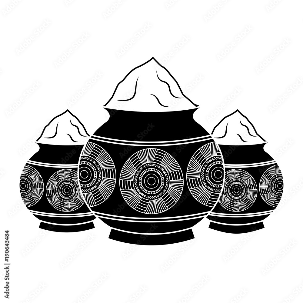 three powder color mud pot and mandala vector illustration black and ...