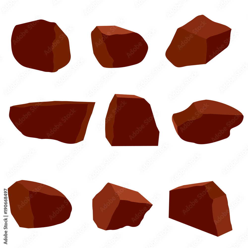 A set of nine pieces of iron ore or clay of different shapes Stock ...