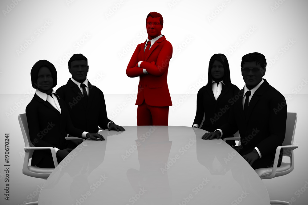 Team with leader meeting at a conference table. A leader and the team ...