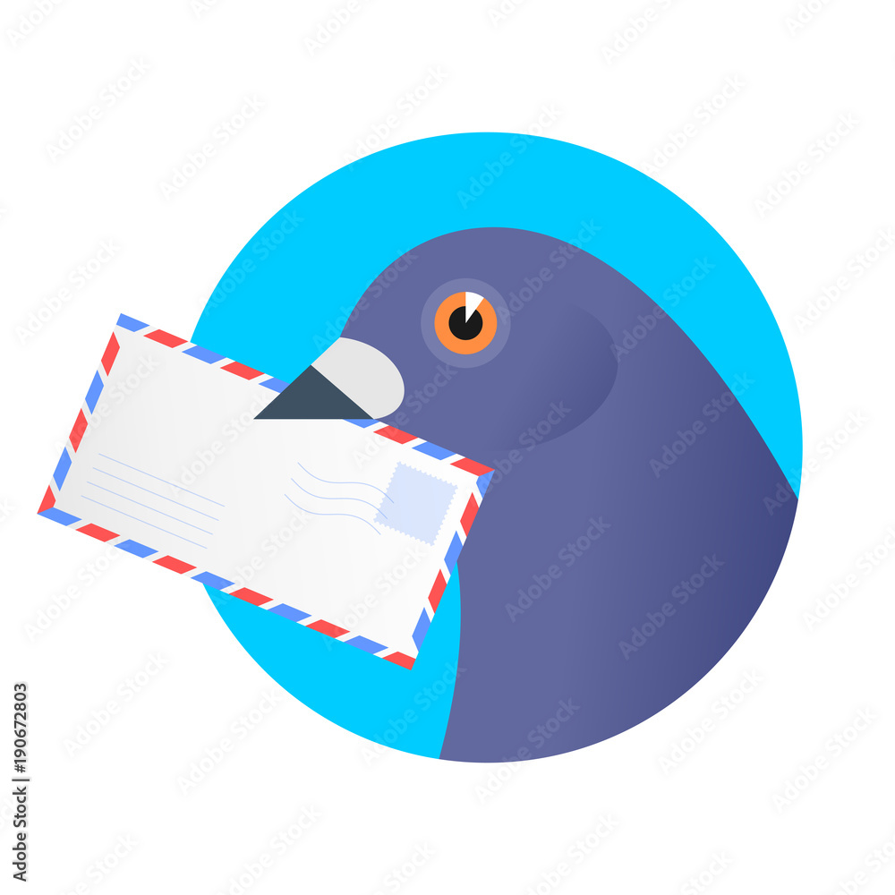 A post pigeon with an envelope in the beak. Flat vector illustration of ...