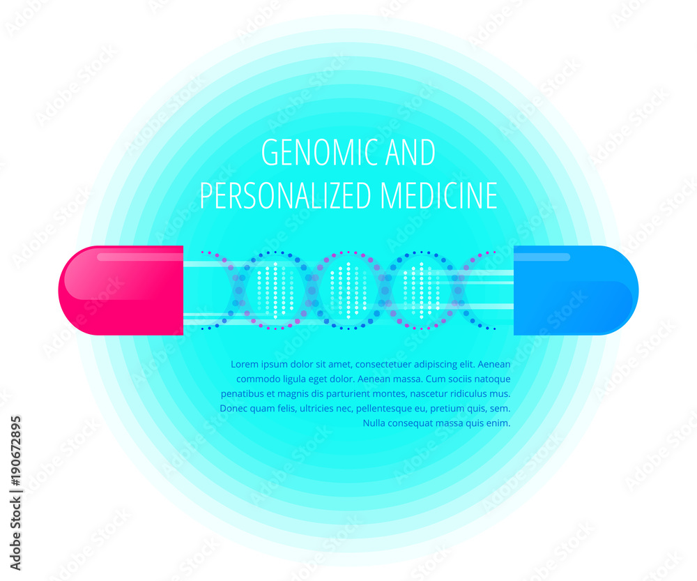 Genomic personalized medicine. Flat vector illustration of pill and DNA ...