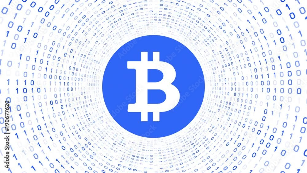 Blue crypto currency logo "BITCOIN" form blue binary tunnel on white ...