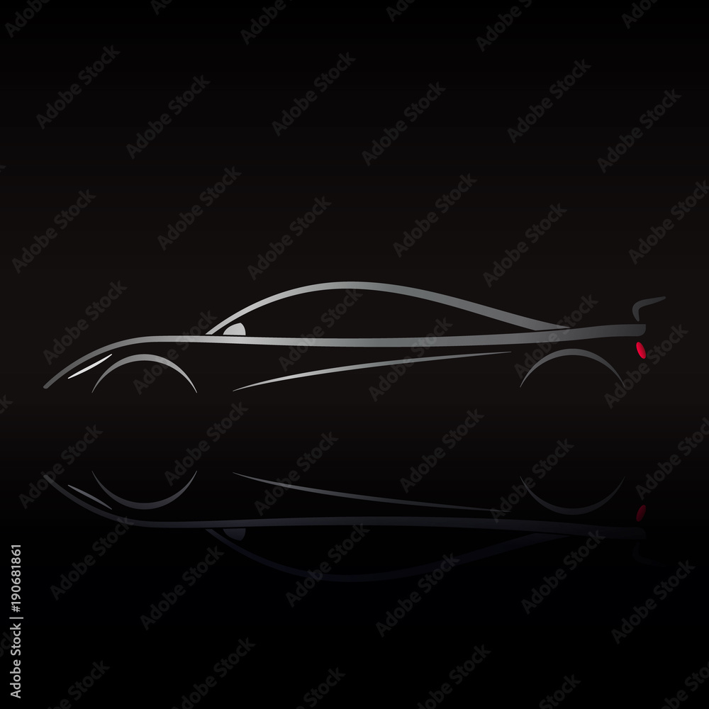 Sports car logo design on black background with reflection. Vector ...