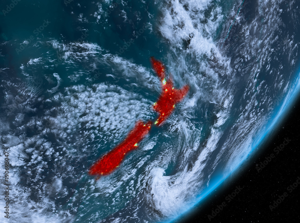 Orbit view of New Zealand at night Stock Illustration | Adobe Stock