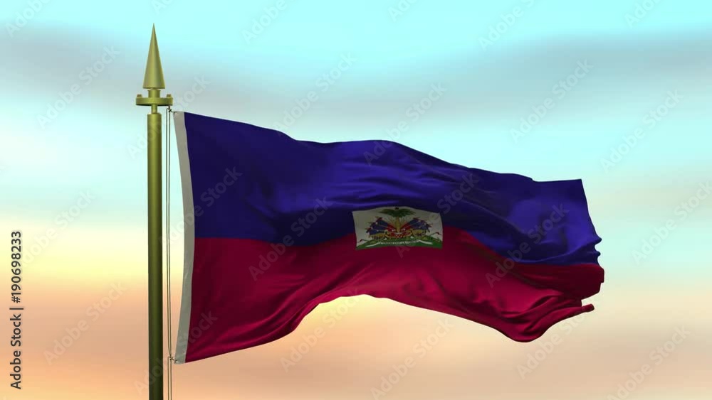 National Flag of Haiti waving in the wind against the sunset sky ...