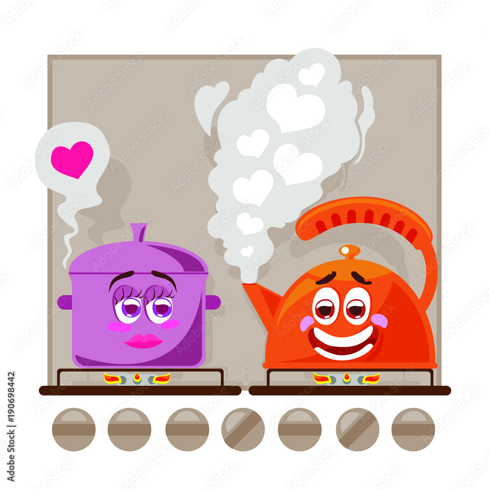 Cute and funny cartoon characters. Boiling love between a kettle and a ...
