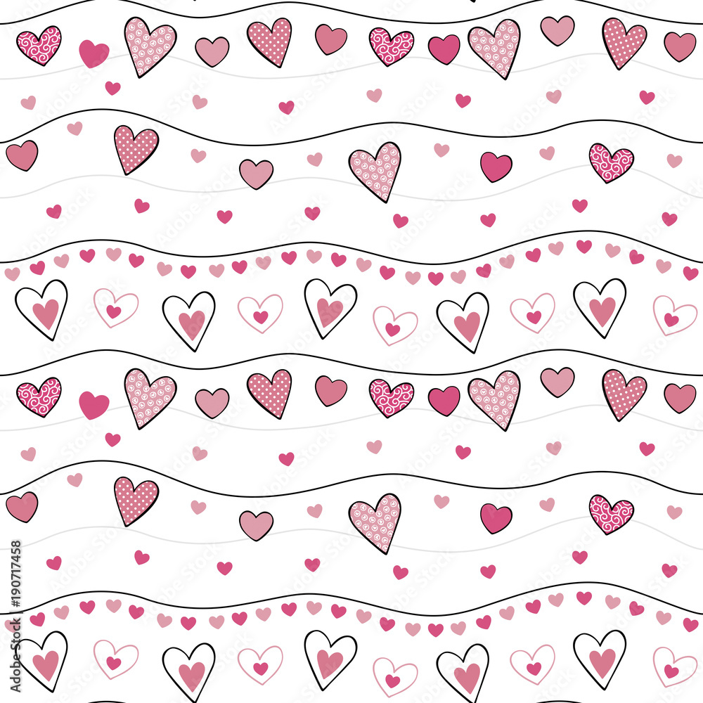 seamless pattern with ornamented sweet hearts in white background ...