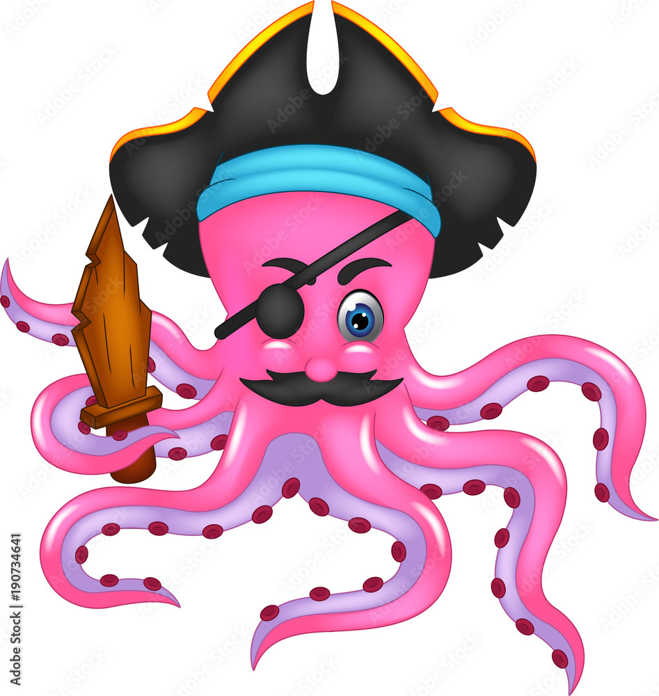 funny octopus cartoon posing with smile and bring wooden sword Stock ...