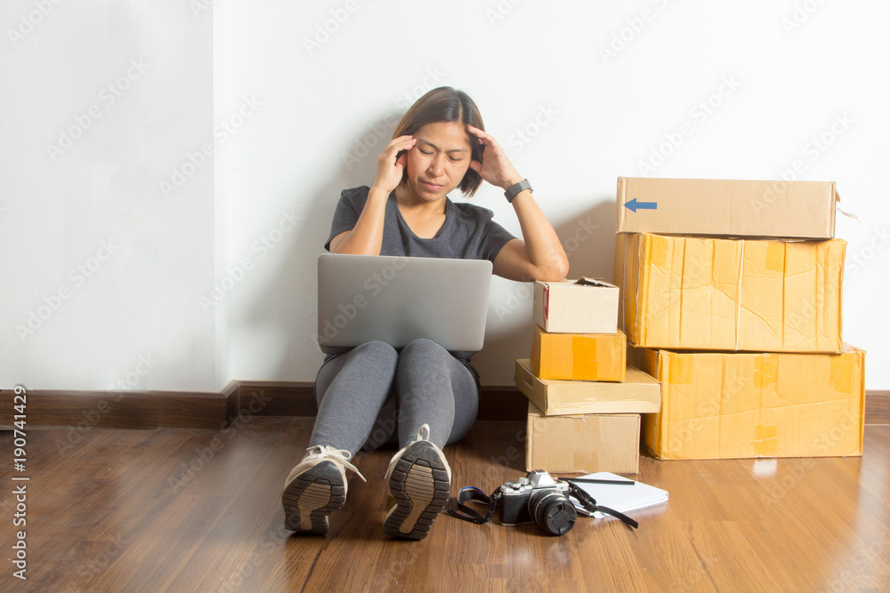 Stressed women sitting at working laptop computer from room home on ...