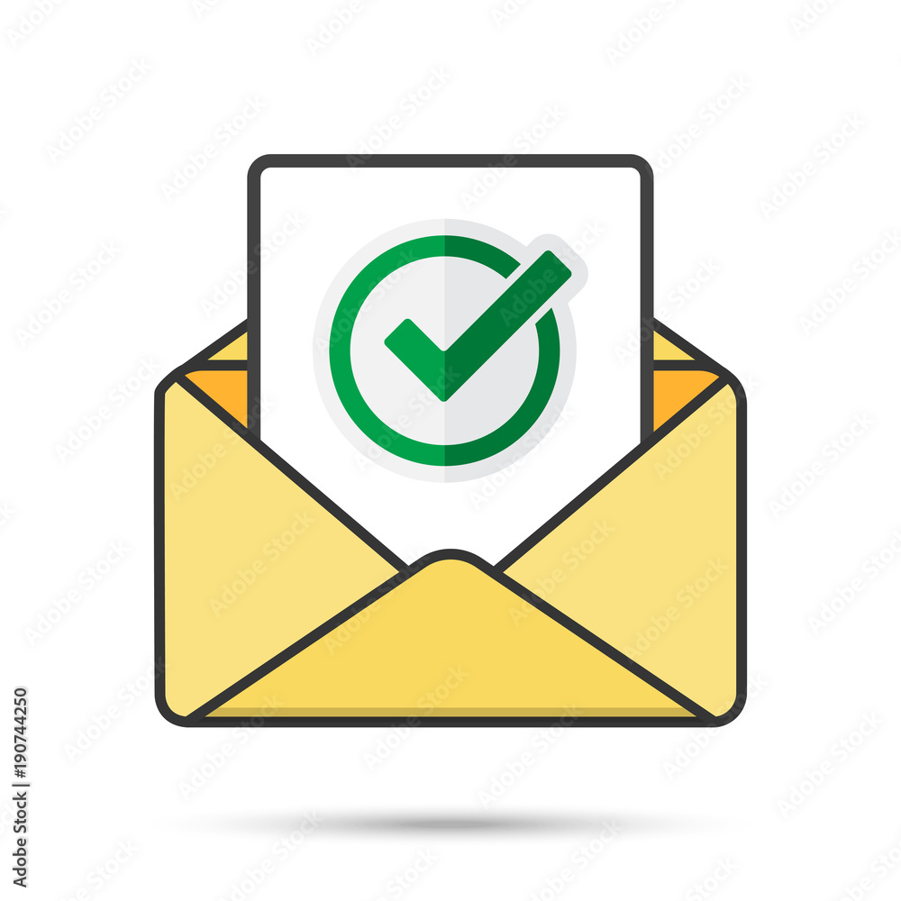 Email with document and round green check mark icon. successful ...