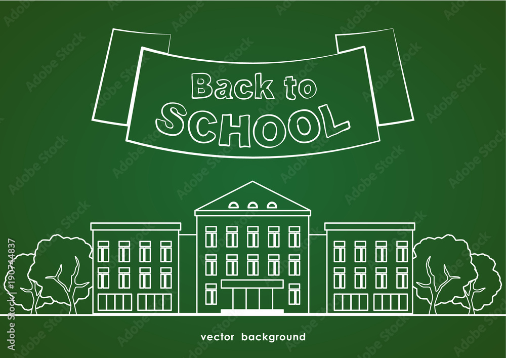 Flat line white school building with trees, ribbon and lettering Back ...