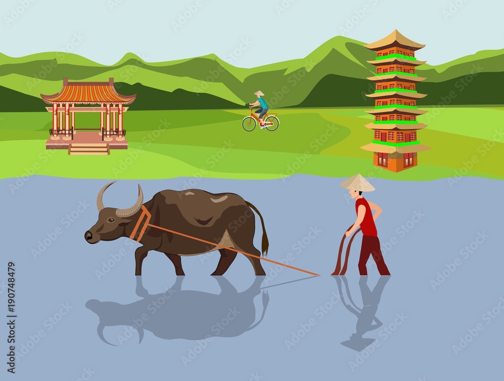 Chinese farm vector landscape, pagodas, vector countryside Asian ...