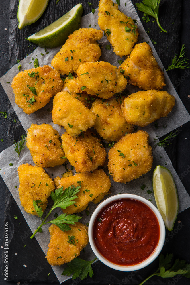 crispy fried chicken nuggets with tomato sauce Stock Photo | Adobe Stock