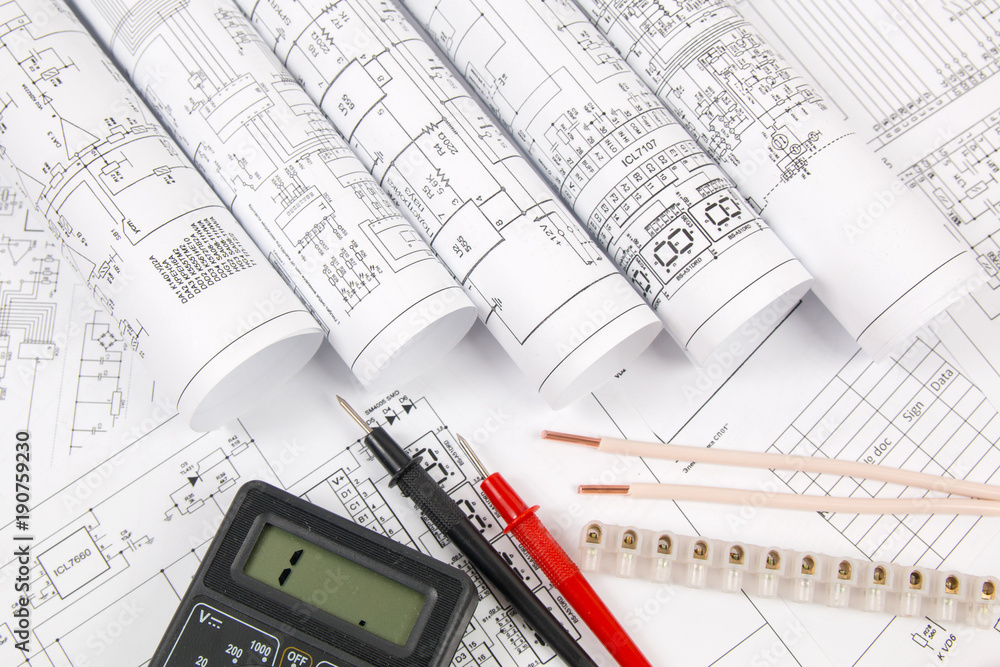 electrical engineering drawings, wire, terminal and digital multimeter ...