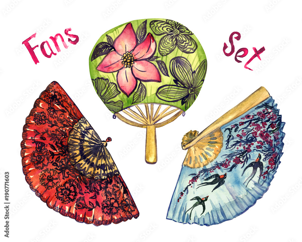 Traditional round Asian fan with pink lotus, fan with cherry blossom ...