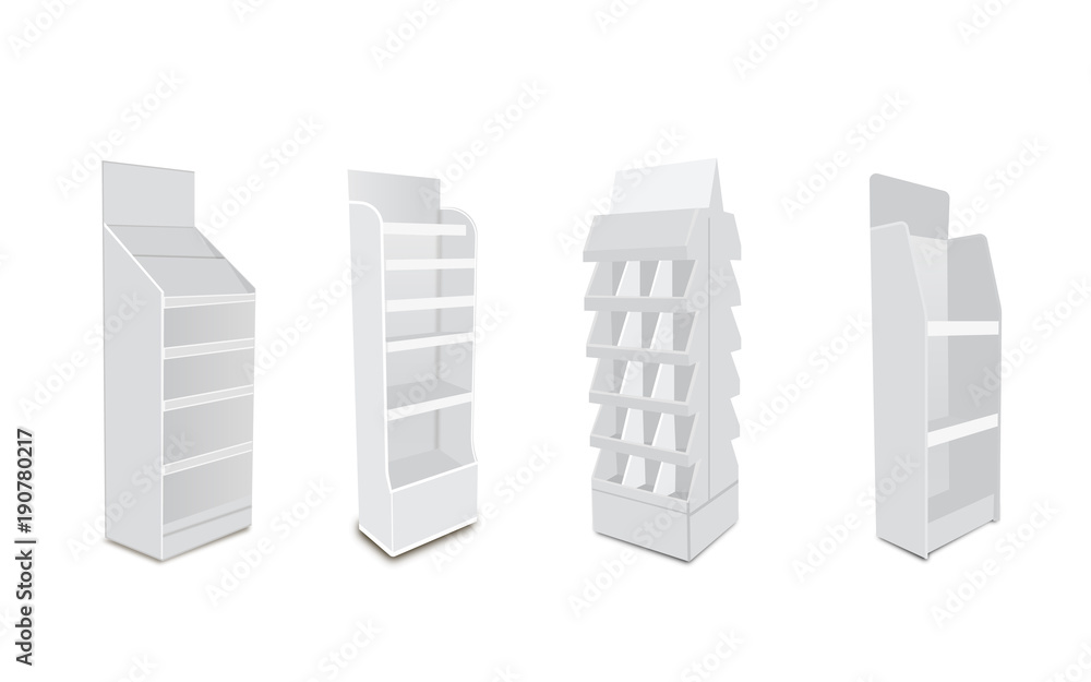 White Long Blank Empty Showcase Displays With Retail Shelves. 3D ...