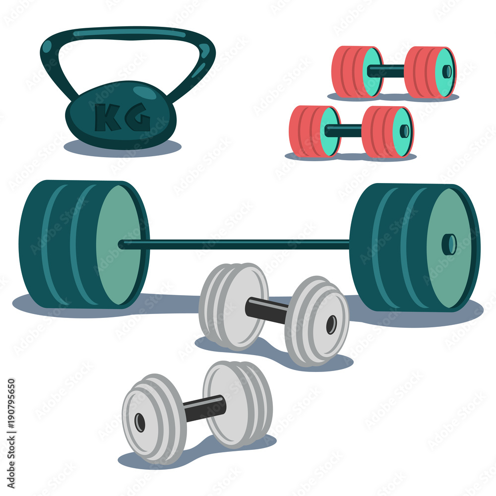 Dumbbells, weight and barbell icons set. Cartoon vector illustration ...