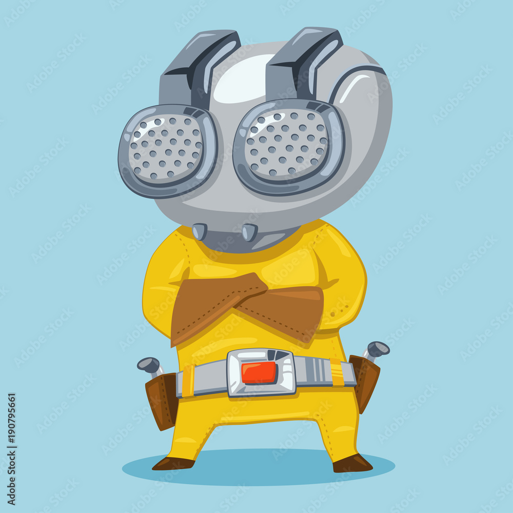 Superhero kid in a yellow costume and a metal mask. Vector cartoon ...