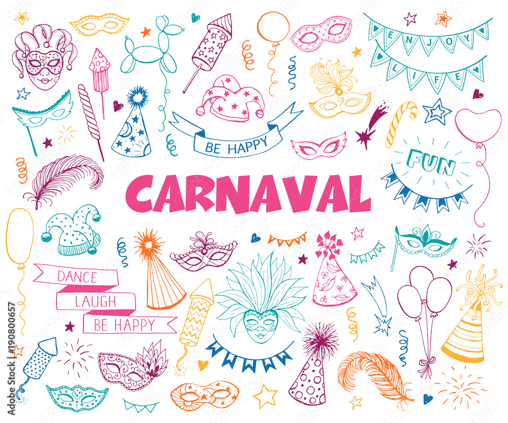 Hand drawn carnival objects set isolated on white background ...