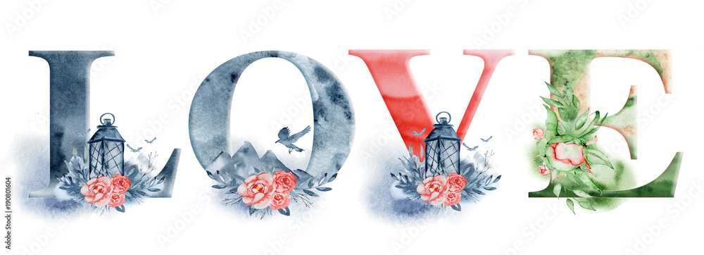Love lettering sign watercolor word design with floral bouquets and ...